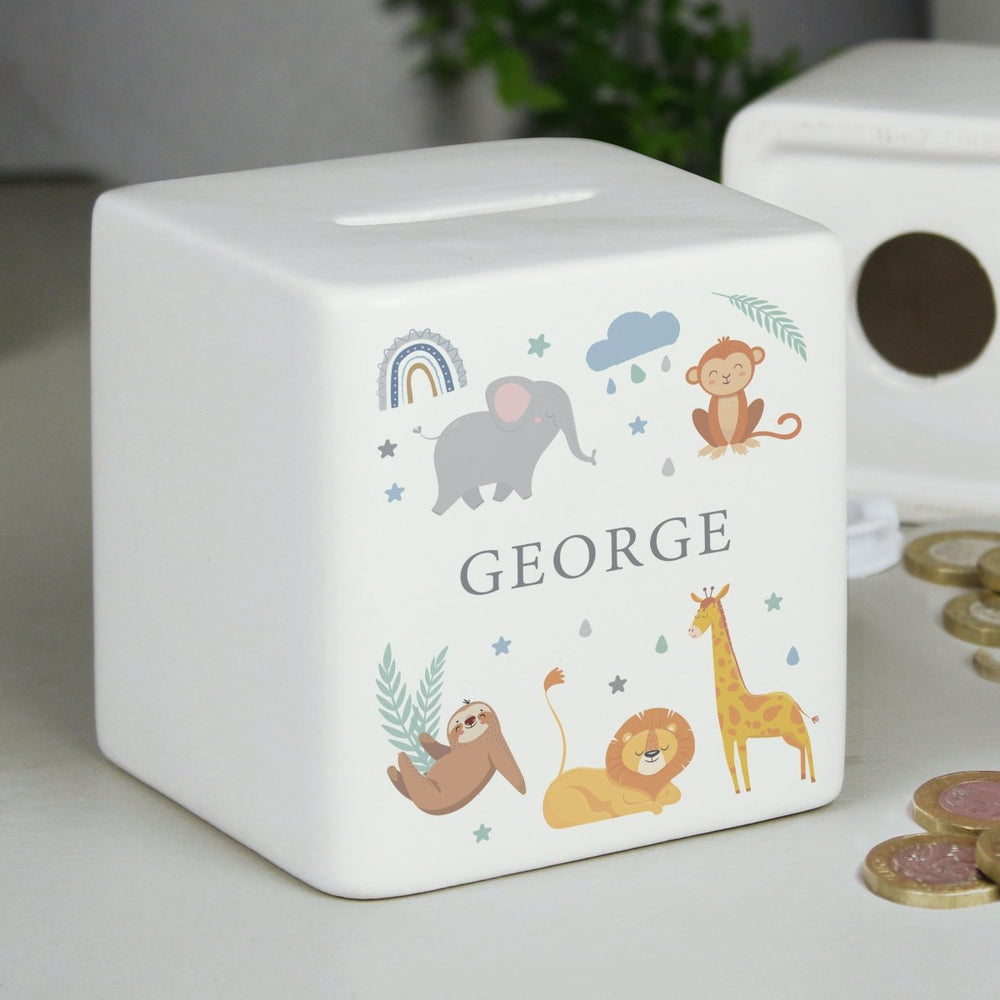 Personalised Safari Animals Ceramic Square Moneybox - IWTP
